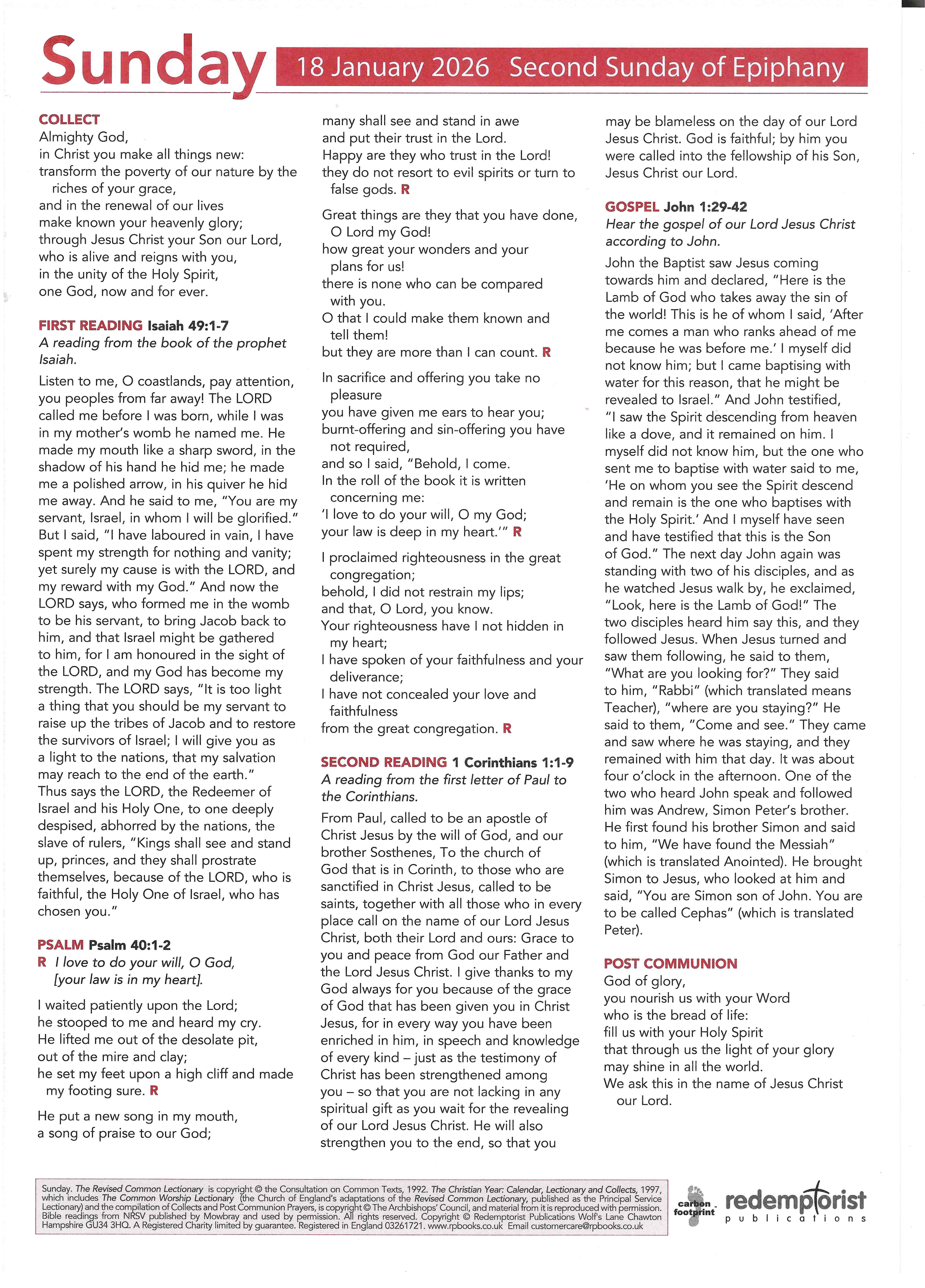 Readings and collects for Sunday 18th January 2026 - News - St Anne's ...