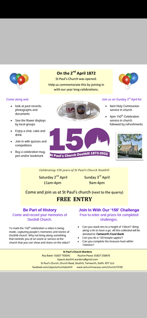 St Paul's is 150 years old! - News - St Paul, Dosthill - A Church Near You